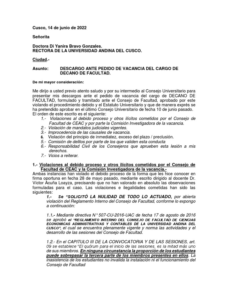 Descargo Final A Rectorado Vac. Decano Junio 2022 | PDF | Derecho penal | Violación
