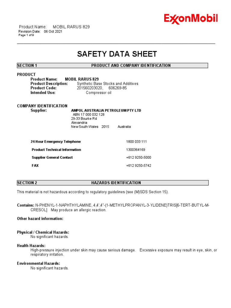 Safety Data Sheet: Product Name: MOBIL RARUS 829 | PDF | Firefighting ...