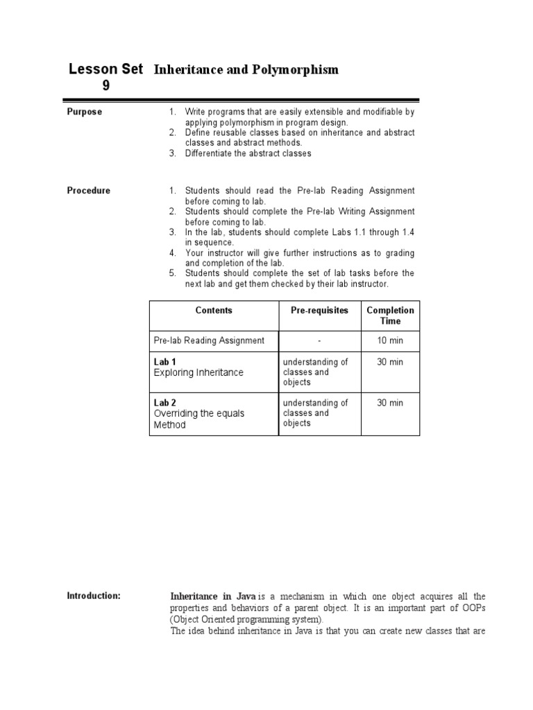 Lesson Set 9 Inheritance And Polymorphism Purpose Pdf Inheritance Object Oriented