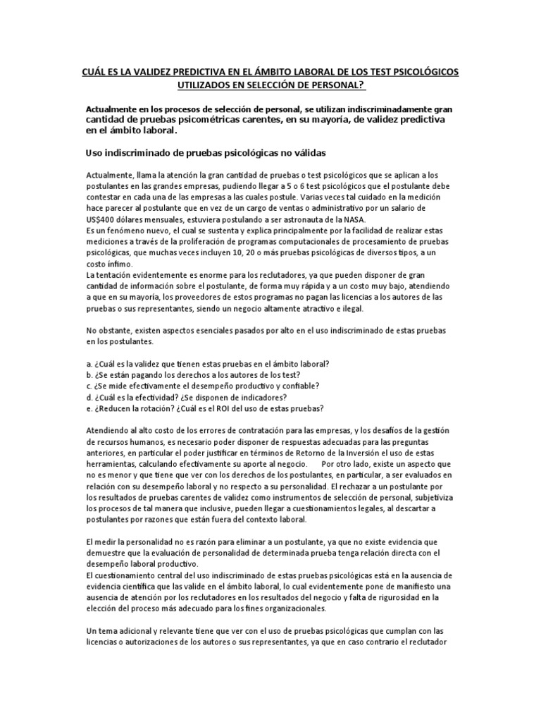 Validez Predictiva de Test Psicológicos Laborales | PDF | Gestión de ...