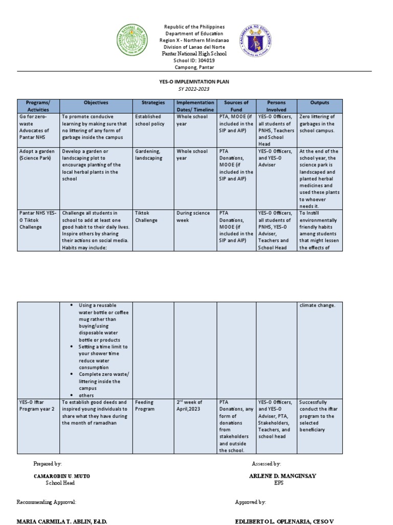 YES-O IMPLEMENTATION PLAN FOR PROMOTING ENVIRONMENTAL STEWARDSHIP AND ...