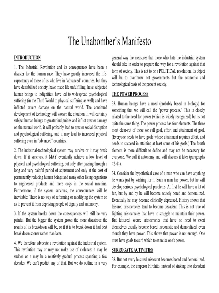 Kaczynski - Unabomber Manifesto | PDF | Self Esteem | Autonomy