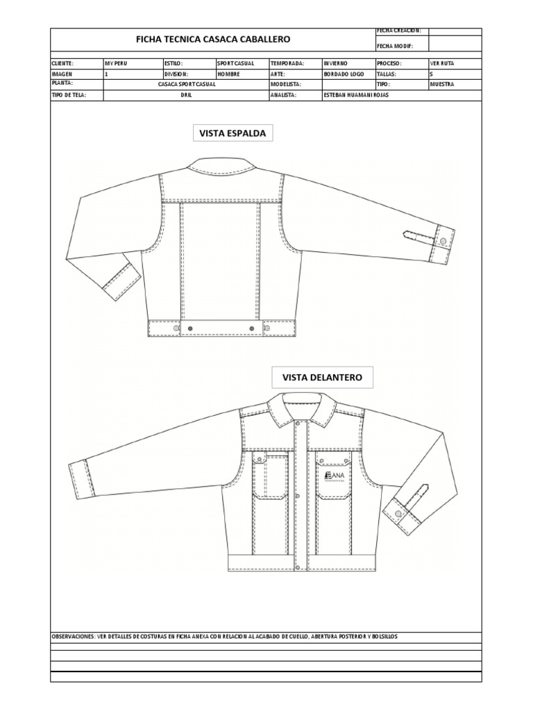 Ficha Tecnica Casaca Dril Sport | PDF