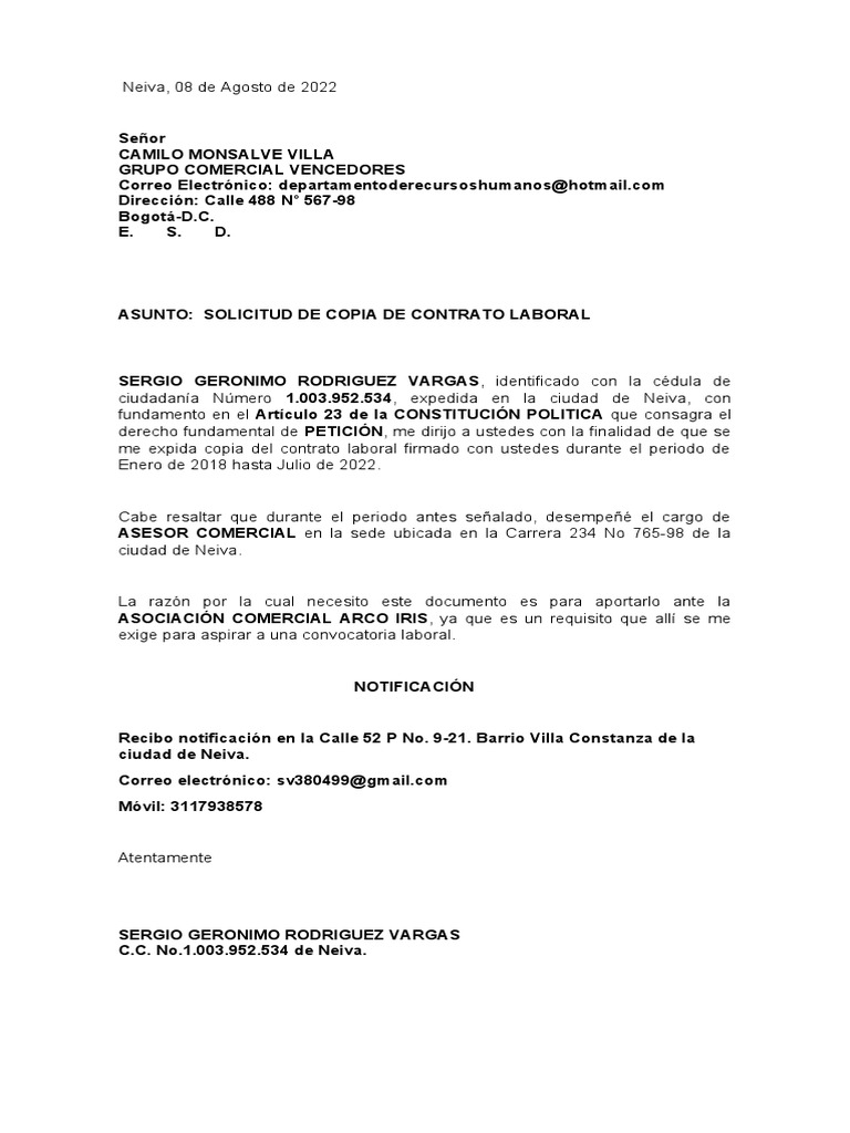 Modelo de Derecho de Peticion Solicitando La Copia de Un Contrato ...