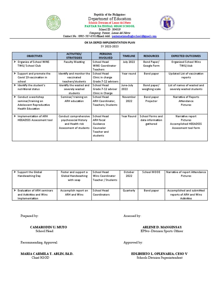 OK Sa DepEd Implemntation PLan | PDF | Health Care | Health Sciences