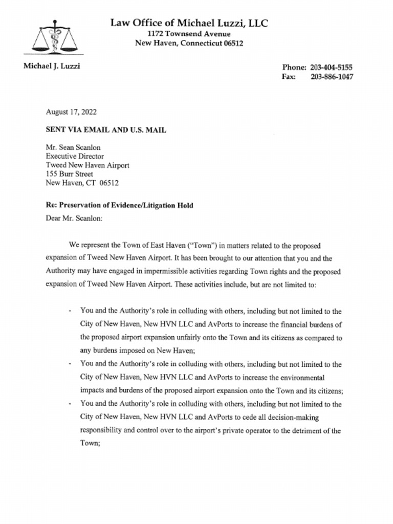 East Haven 'Preservation of Evidence' Letter To Tweed/Scanlon | PDF