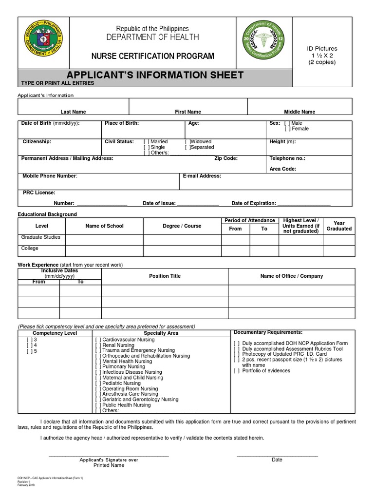 Applicant'S Information Sheet: Nurse Certification Program | PDF ...