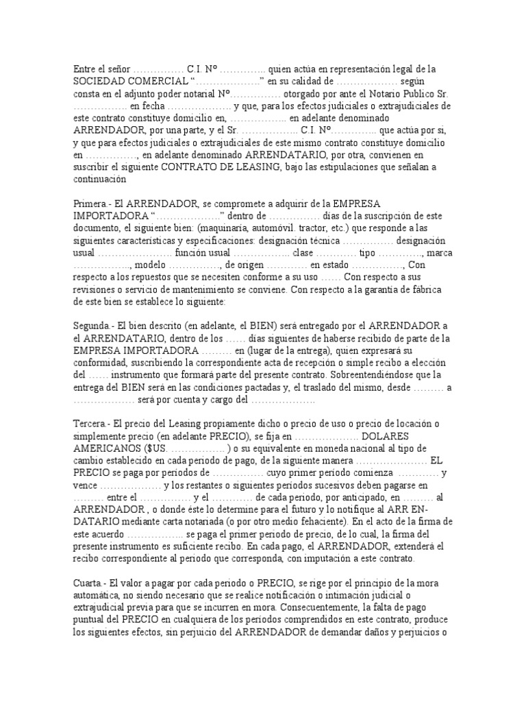 Modelo contrato leasing | PDF | Arrendamiento | Póliza de seguros