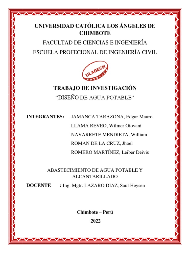 Diseño de Sistema de Agua Potable | PDF | Agua | Tubería (transporte de ...
