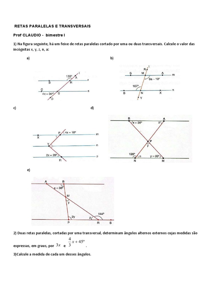 Exercícios de Retas Paralelas e Transversais | PDF | Linha (Geometria ...