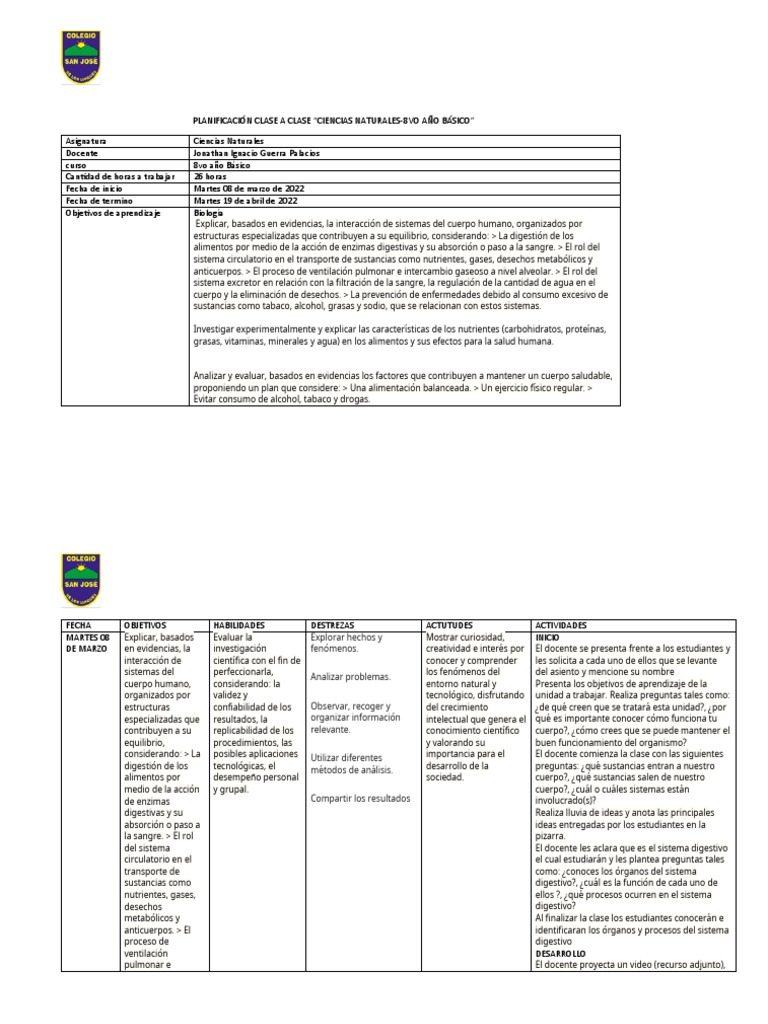 Planificación Ciencias 8vo | PDF | Digestión | Pulmón