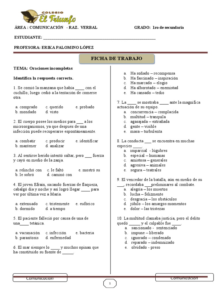 Oraciones Incompleta (Ficha de Trabajo) - 1º | PDF