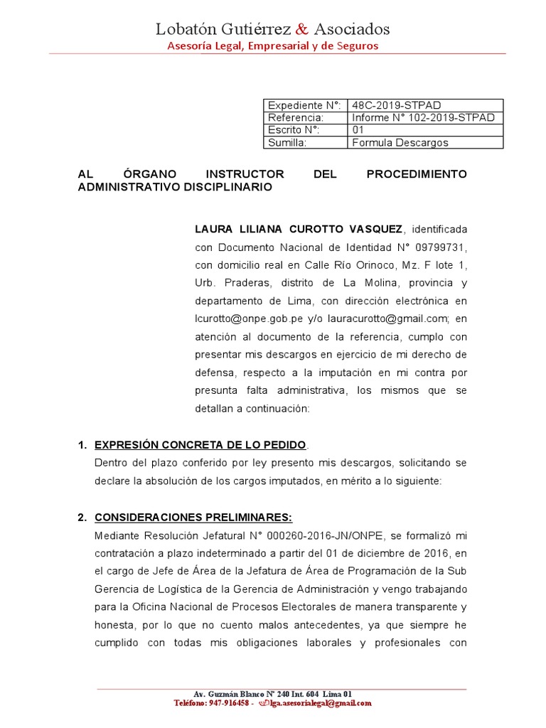 Formulación de descargos ante procedimiento administrativo ...