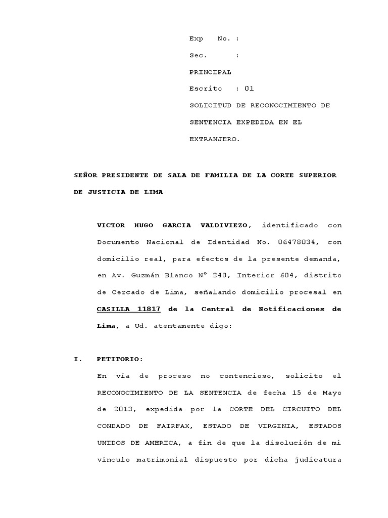 Demanda - Exequatur | PDF | Divorcio | Demanda judicial