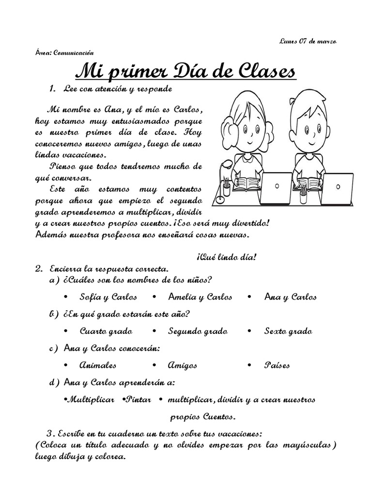 Ficha de Mi Primer Día de Clases para Primaria | PDF