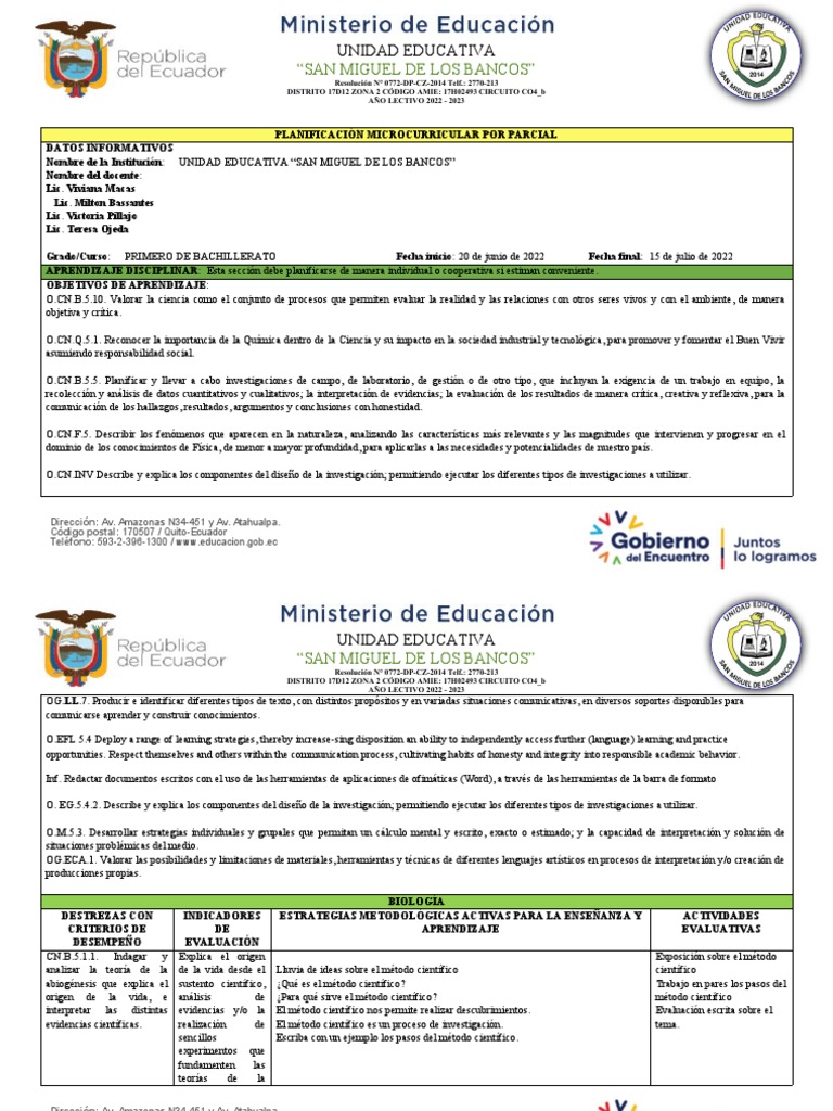 Planificación Microcurricular Por Parcial | PDF | Átomos | Velocidad Planificación Microcurricular Por Parcial | PDF | Átomos | Velocidad