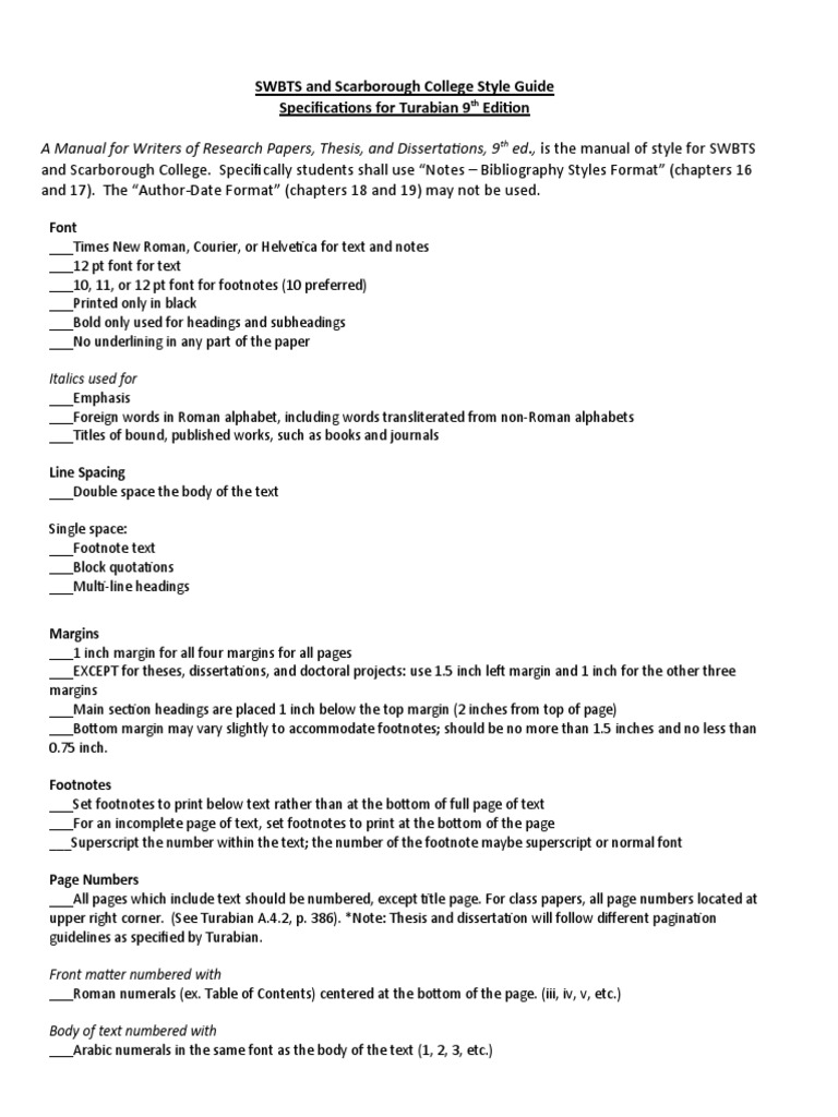 SWBTS Turabian Style Guide 9th Ed | PDF | A Manual For Writers Of Research Papers | Citation