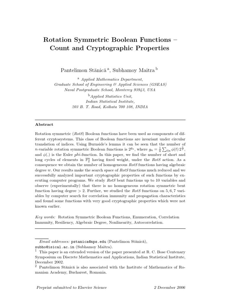Rotation Symmetric Boolean Functions Count And Cryptographic Properties Pdf Boolean