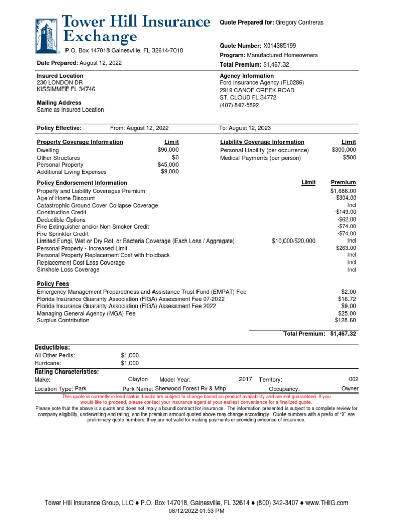 Manufactured Home Quote Gregory | PDF | Insurance | Home Insurance