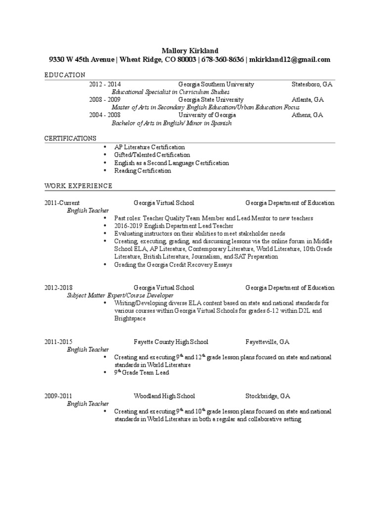 Kirkland Resume 2022 TOTY | PDF | Teachers | Georgia (U.S. State)