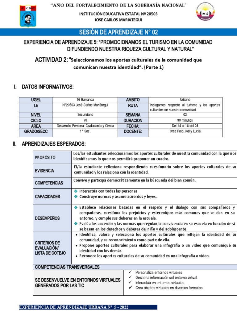 1° DPCC Sesion 2 Exp 5 Urb | PDF | Aprendizaje | Evaluación