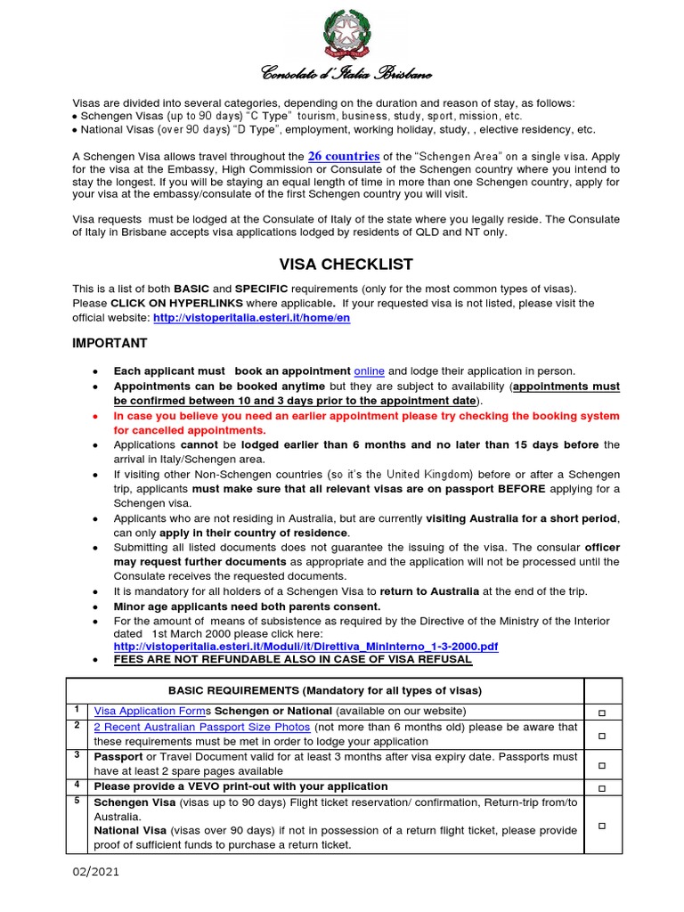 Italy Schengen Visa Checklist | PDF | Travel Visa | Passport