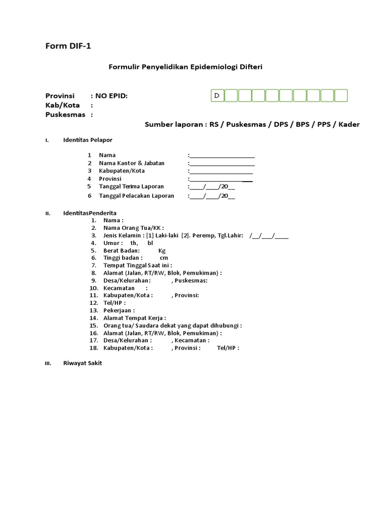 Form DIF-1 - Formulir Penyelidikan Epidemiologi Difteri | PDF