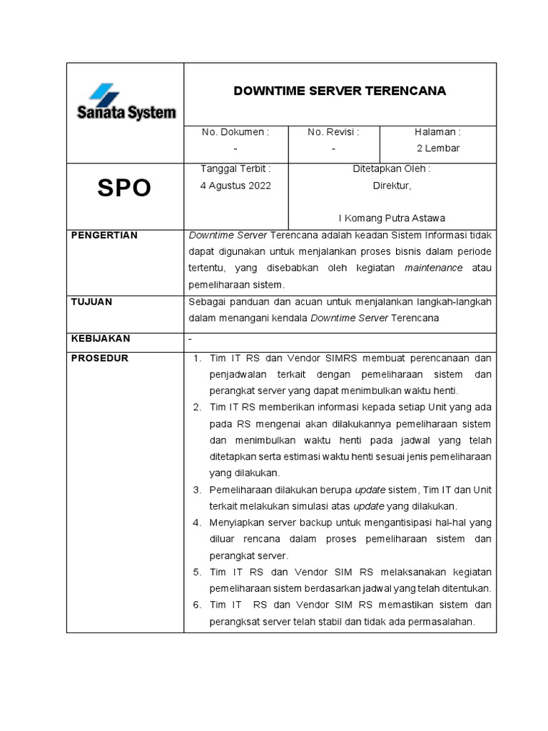SOP Downtime SIM RS Yang Tidak Terencana | PDF