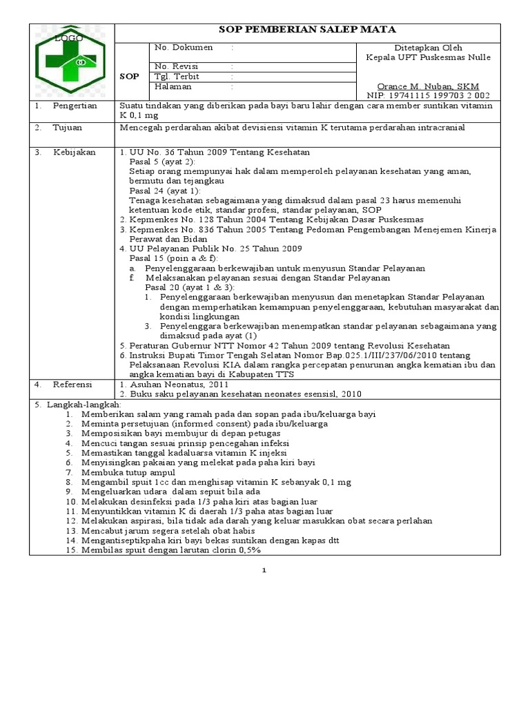 SOP Pemberian Vitamin K Pada Bayi Baru Lahir | PDF