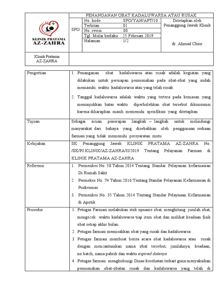 10.sop Penanganan Obat Kadaluwarsa Atau Rusak | PDF | Kesehatan ...