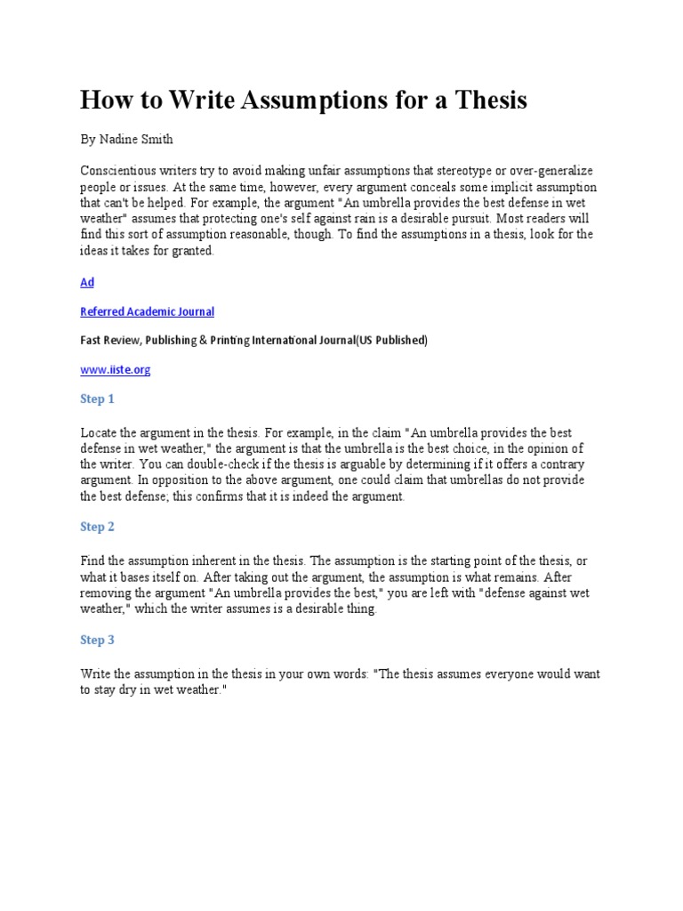 How To Write Assumptions For A Thesis Ad Referred Academic Journal