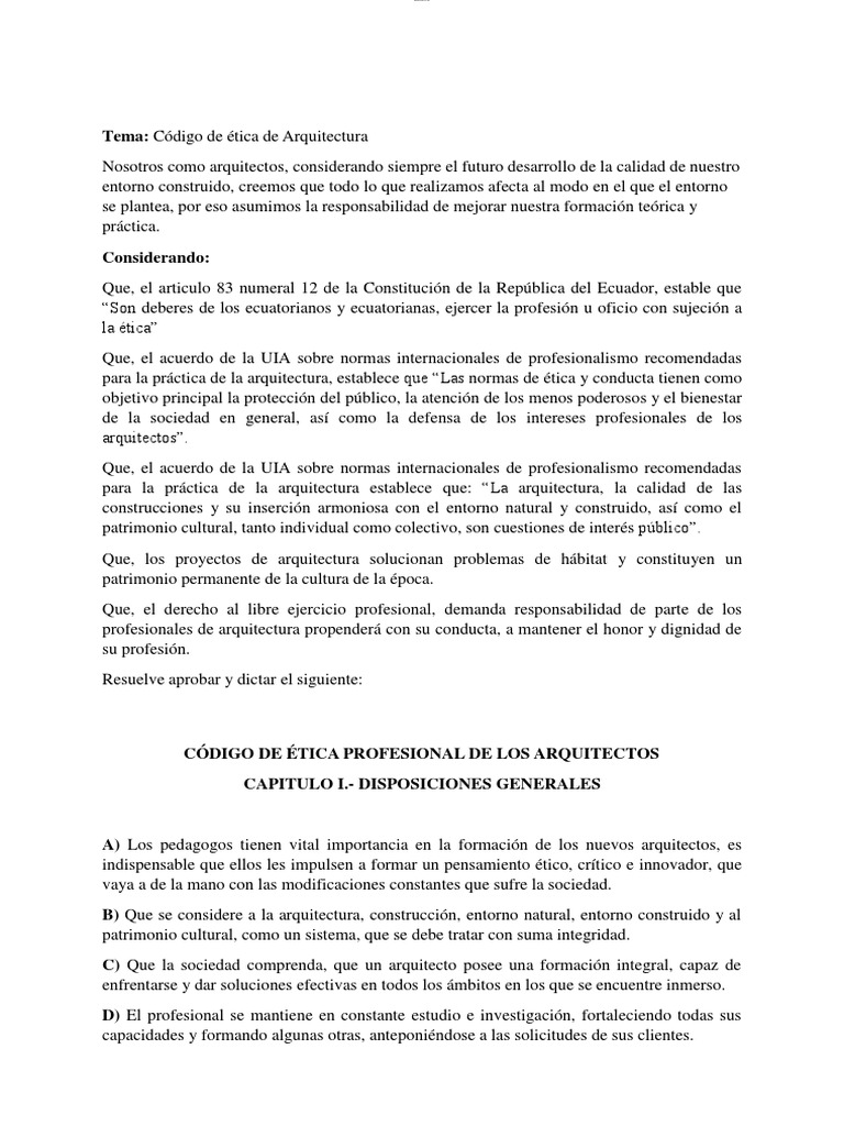 Código de ética profesional para arquitectos: Principios rectores para garantizar la calidad ...