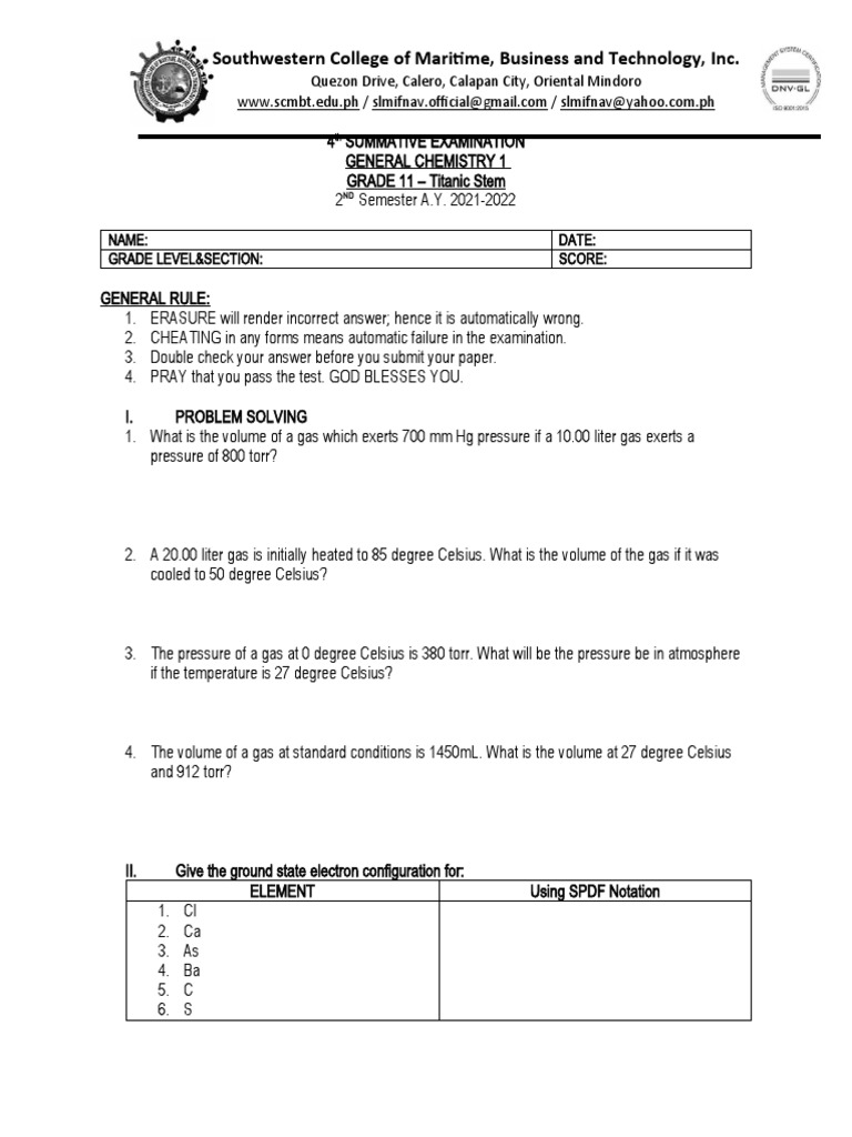 General Chemistry 1 exam | PDF