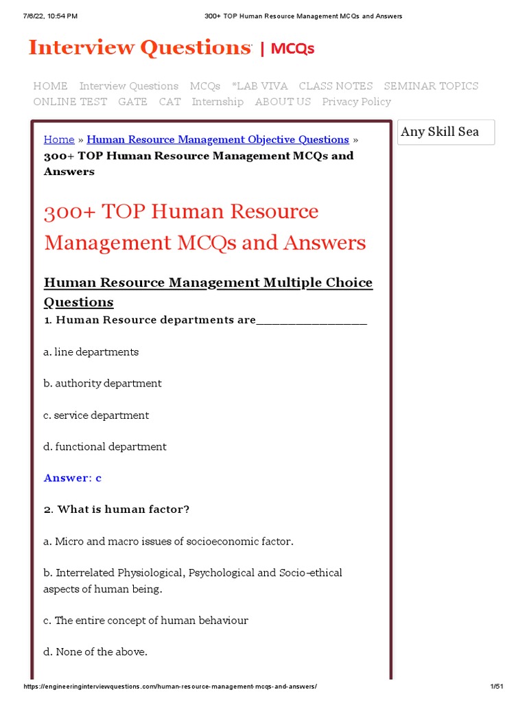 300+ TOP Human Resource Management MCQs and Answers | PDF | Human ...