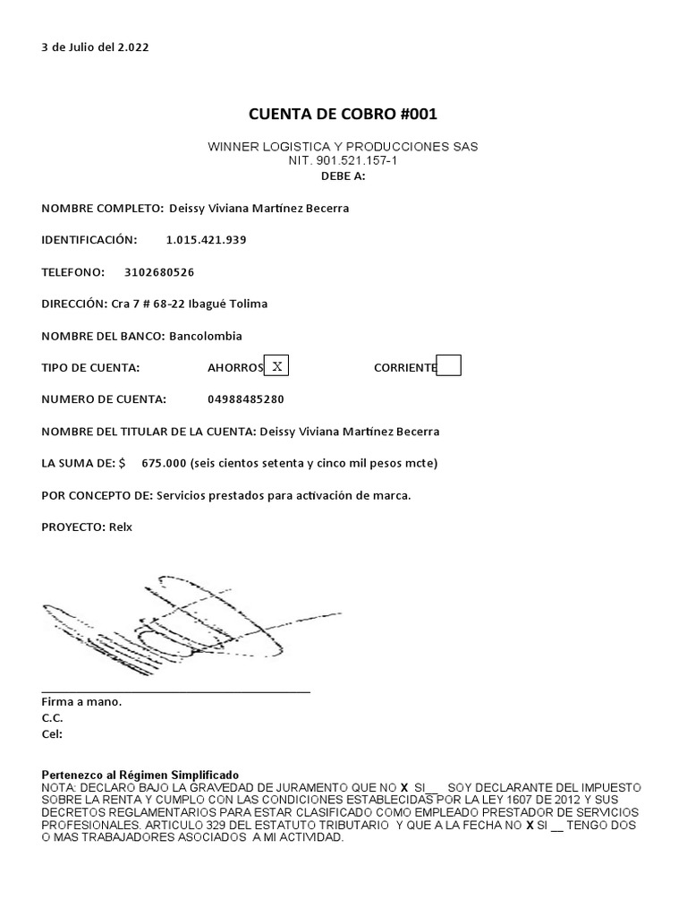 Formato Cuenta de Cobro 2022 WL | PDF