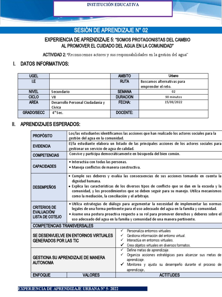 4° DPCC Sesion 2 Exp 5 Urb | PDF | Aprendizaje | Agua