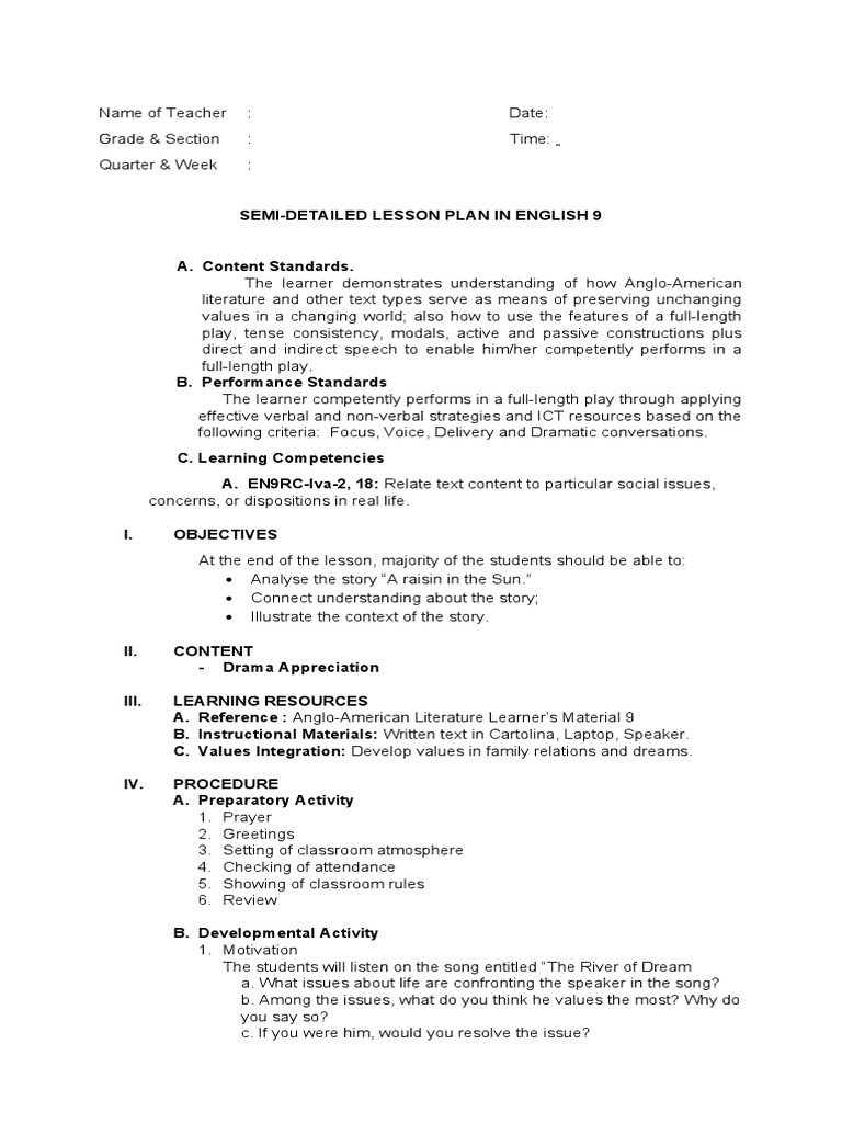 Semi-Detailed Lesson Plan: English 9 | PDF | Lesson Plan | Learning