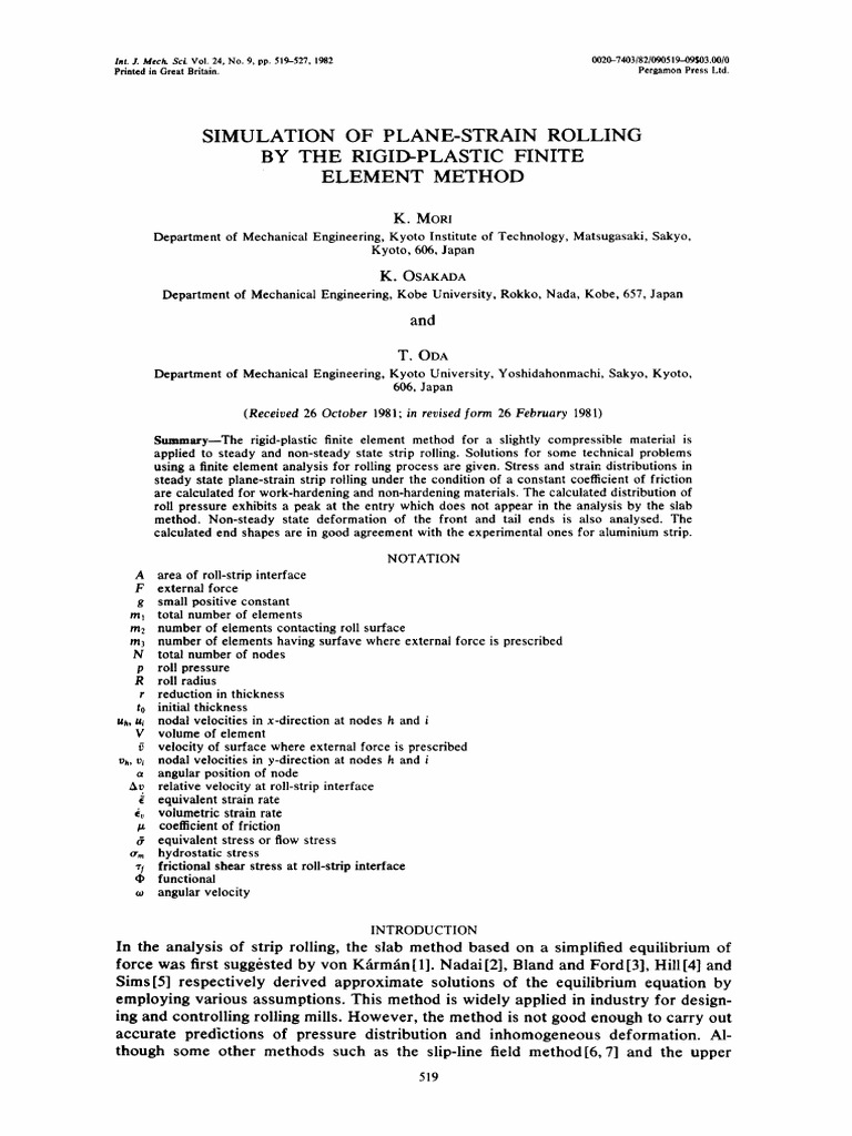 1982 - Simulation of Plane-Strain Rolling by The Rigid-Plastic Finite Element Method | PDF ...