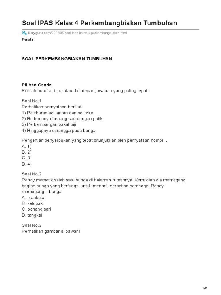 Soal IPAS Kelas 4: Perkembangbiakan Tumbuhan | PDF