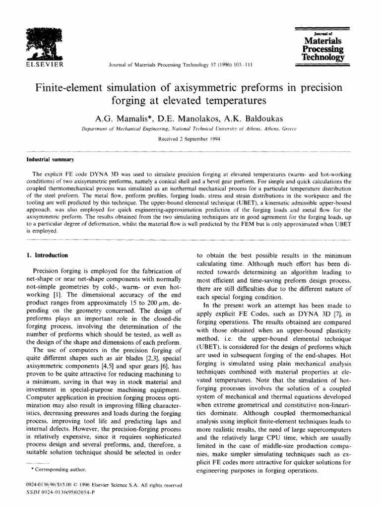 1996 - Finite-Element Simulation of Axisymmetric Preforms in Precision Forging at Elevated ...