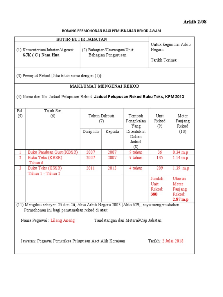 Jadual Pelupusan Rekod Buku Teks Tahun 2018 | PDF