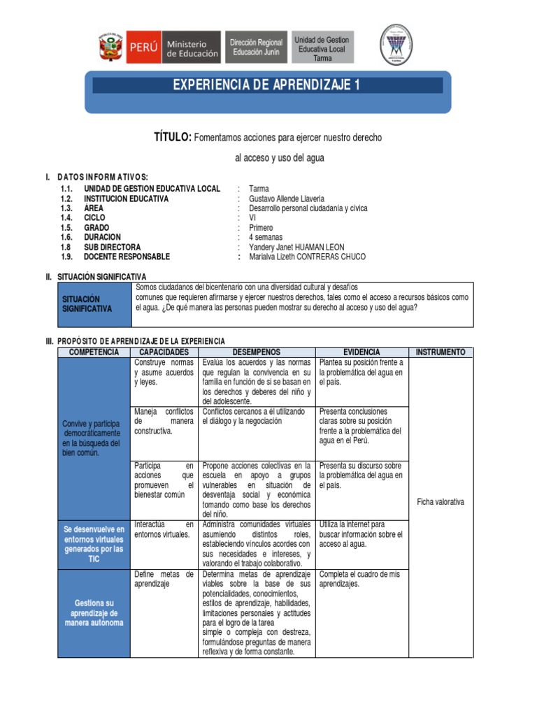Experiencia de Aprendizaje - DPCC 1° | PDF | Aprendizaje | Evaluación