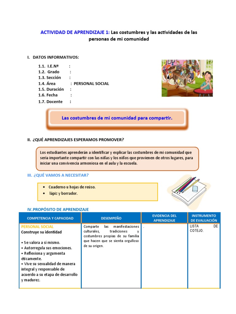 DIA 1 SESION DE APRENDIZAJE Las Costumbres de Mi Comunidad para ...