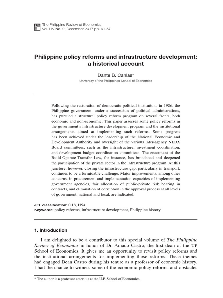 Philippine Policy Reforms and Infrastructure Development: A Historical ...