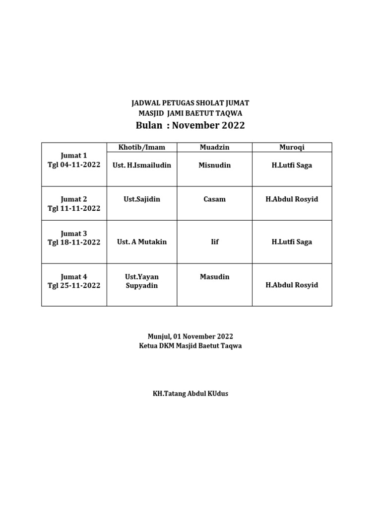 Jadwal Petugas Sholat Jumat | PDF