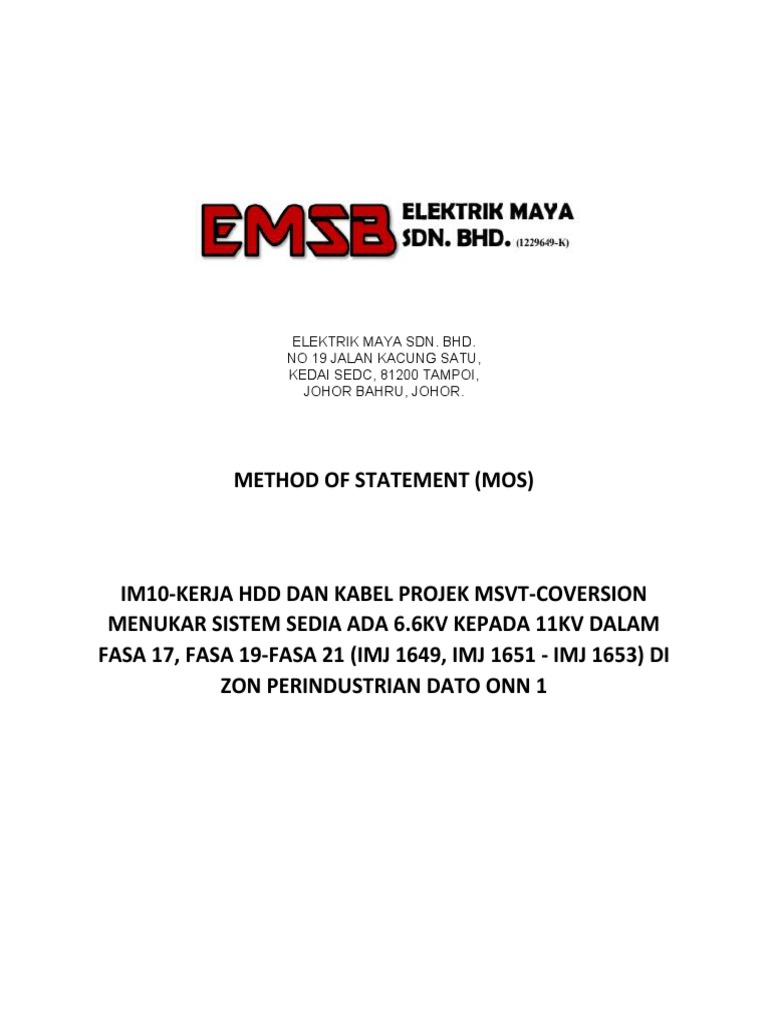 Method Of Statement Mos Elektrik Maya Sdn Bhd No 19 Jalan Kacung