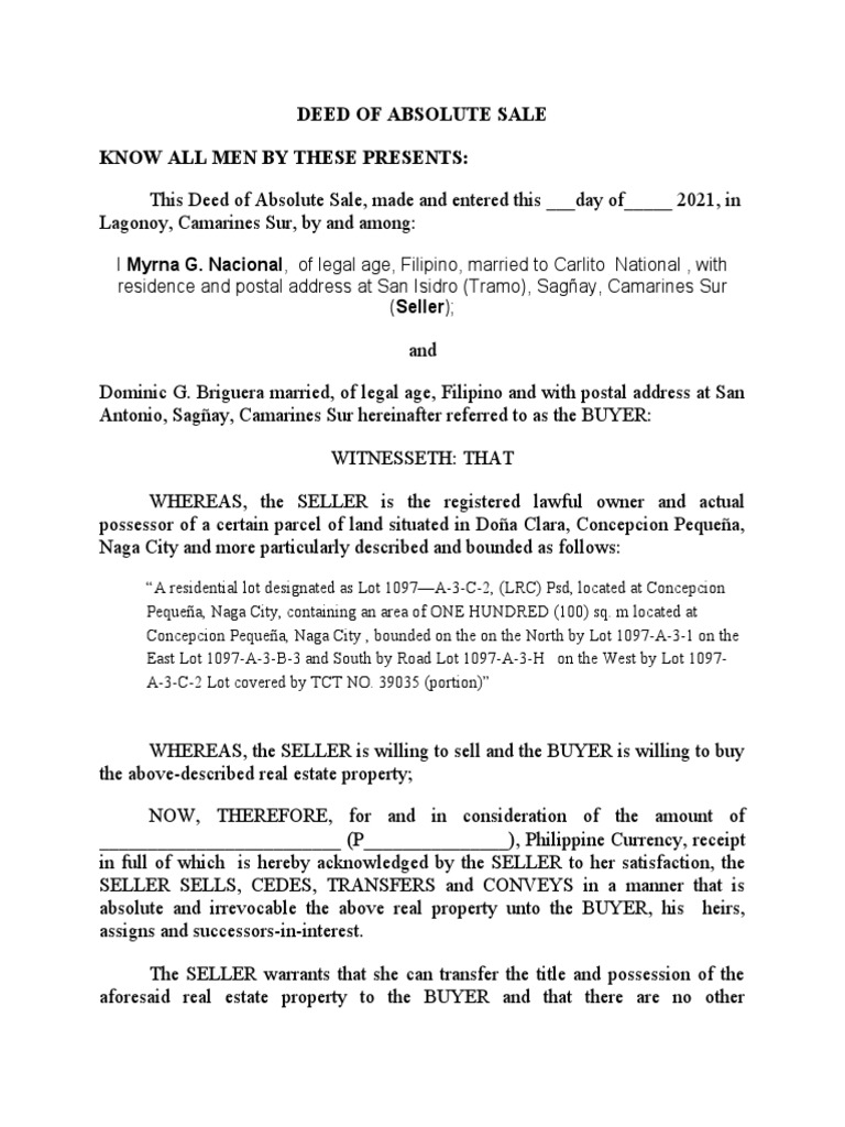 Deed of Absolute Sale Know All Men by These Presents | PDF | Deed | Conveyancing