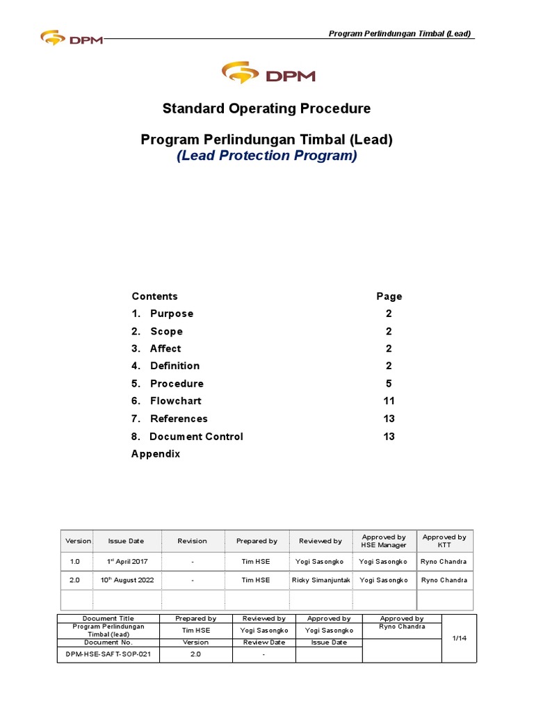 DPM-HSE-SAFT-SOP-021 - Program Perlindungan Timbal (Lead) | PDF ...