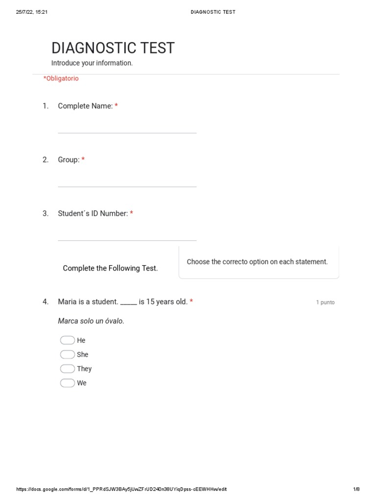 English Diagnostic Test for Beginners | PDF