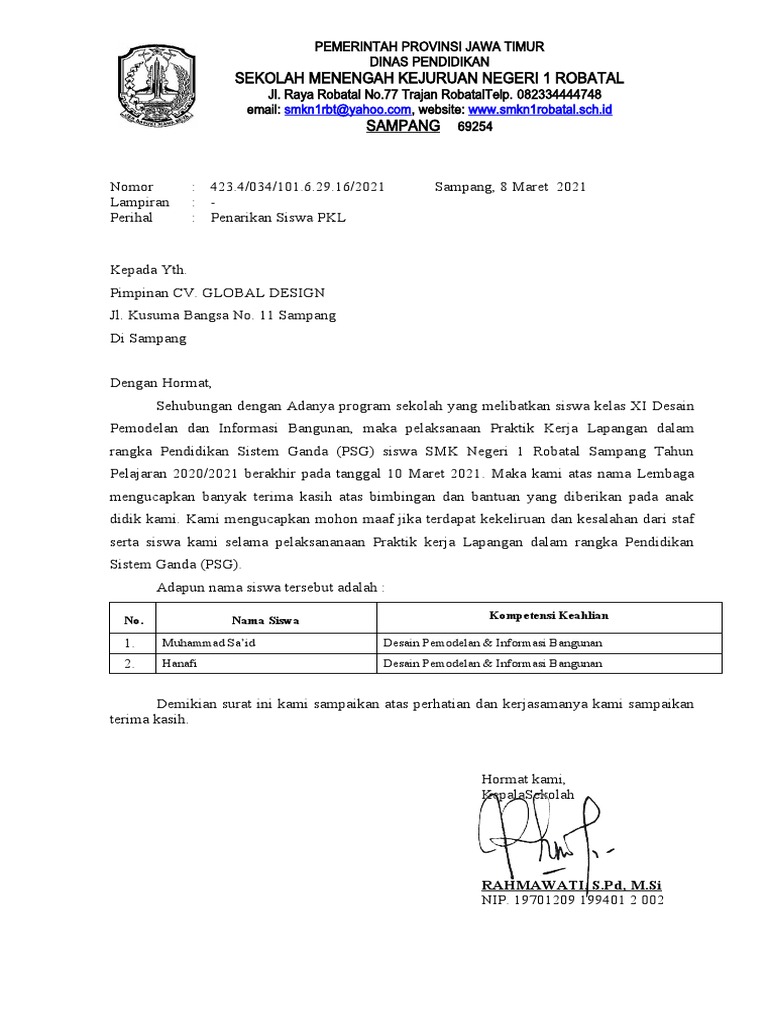 Surat Penarikan Siswa PKL 2021 | PDF